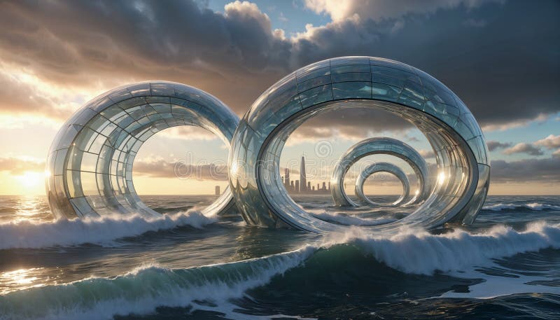 Futuristic Glass Structures Rising from Ocean Waves at Sunset Stock ...