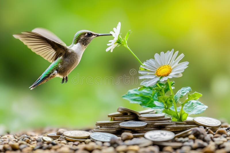 A Beautiful Hummingbird Hovering Near a Flower among Stacked Coins ...