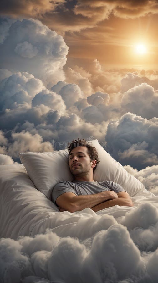 A Man is Sleeping in the Clouds a Man Sleeping Peacefully on a Floating Bed Amidst Clouds an ...