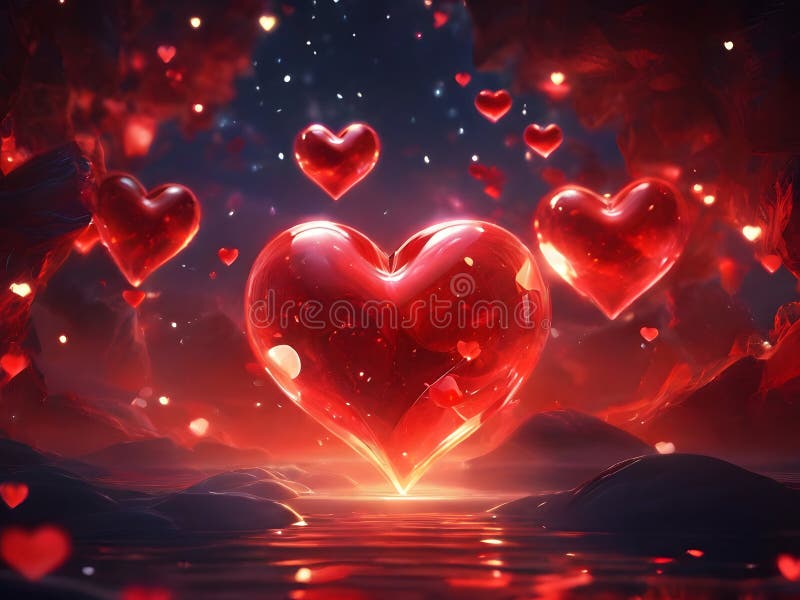 A Captivating Scene with Red Glowing Hearts Floating in a Dreamlike ...