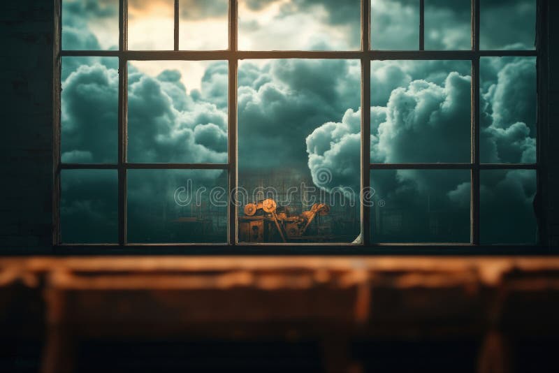 Atmospheric View of Dramatic Clouds through a Large Industrial Window ...