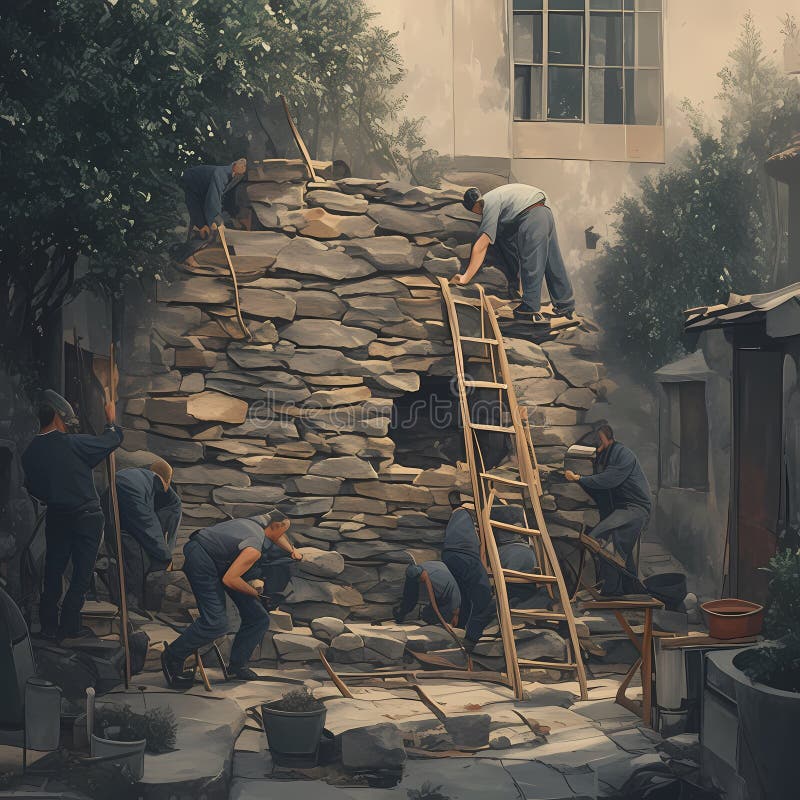 Craftsmanship in Action: Stone Masons at Work Stock Image - Image of ...