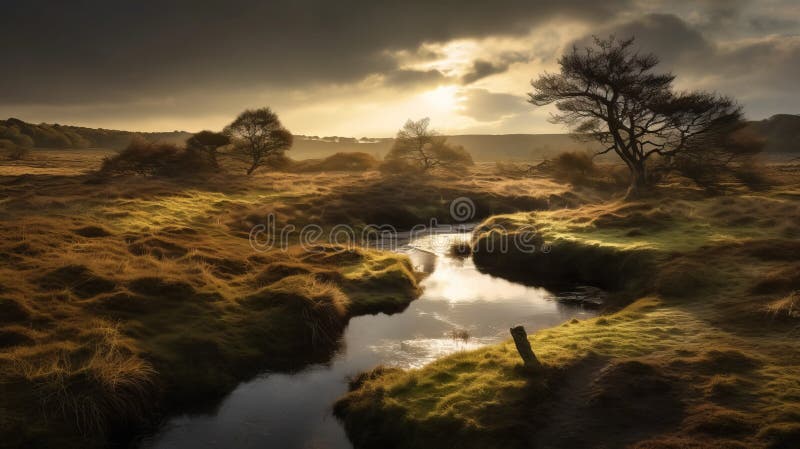 Captivating Scottish Countryside Stream with Stunning Lighting Stock ...