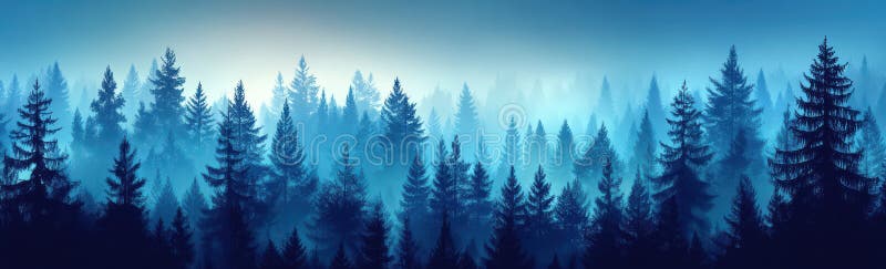 Beautiful Seamless Pattern Showcasing a Forest Landscape with Misty Pine Trees and a Soft Blue ...
