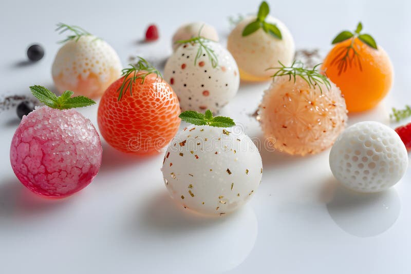 Captivating Selection of Molecular Cuisine Spheres Displayed on a White ...