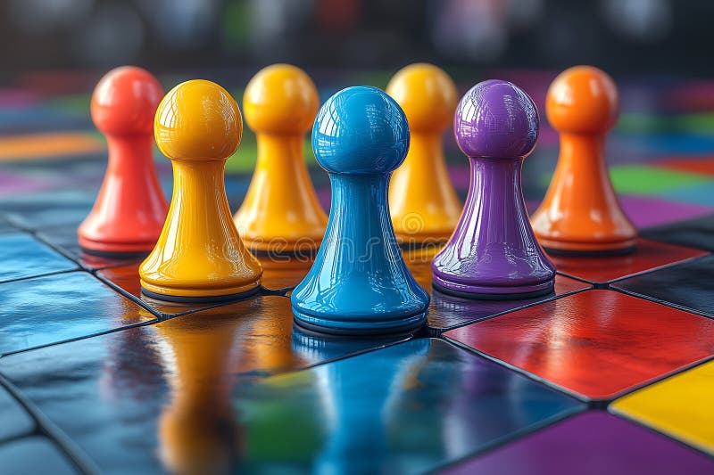 Six Game Pieces Stand on a Colorful Board, Ready for a Strategic Match ...
