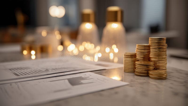 A Captivating Shot Featuring Stacked Gold Coins Alongside Financial ...