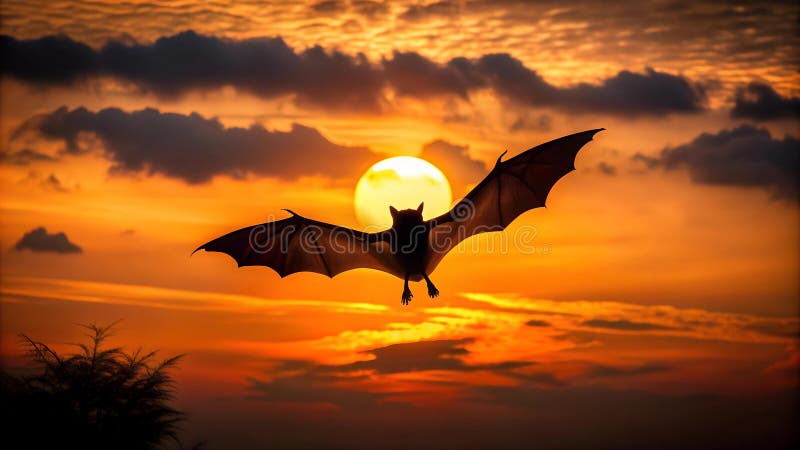 A Captivating Silhouette of a Bat in Flight Against a Vibrant Sunset ...