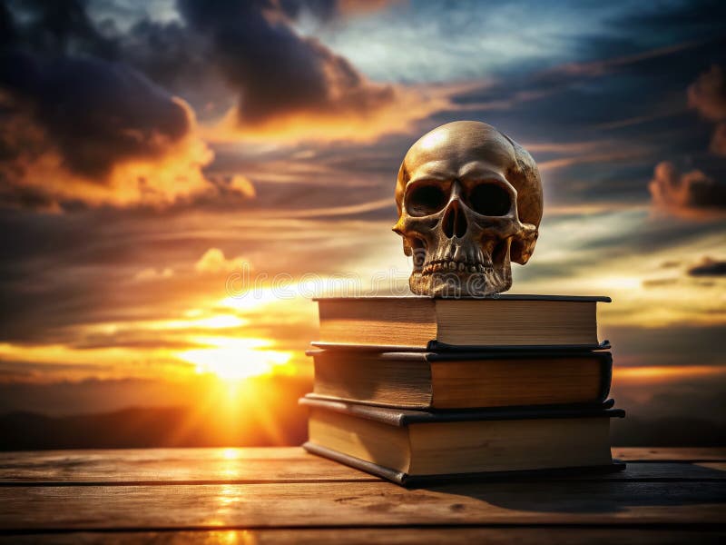 Enigmatic Sunset Reading a Silhouette of a Skull and Stacked Books ...