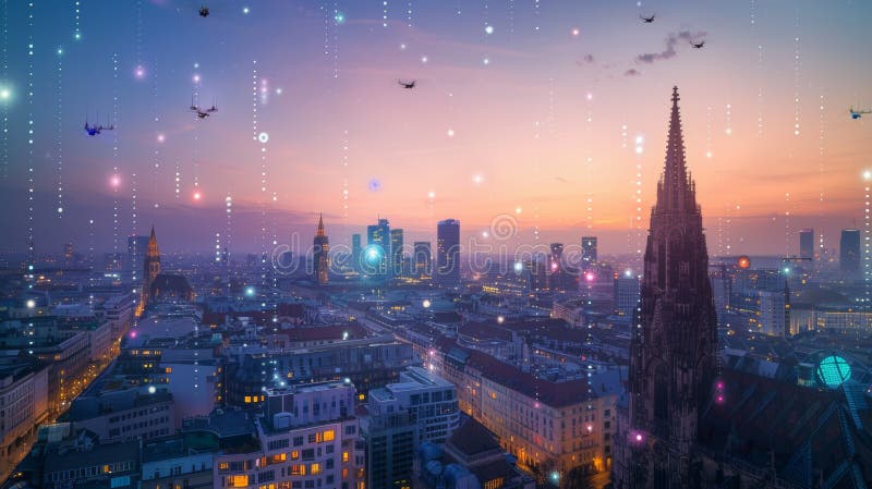 Stunning Skyline View with Digital Elements at Dusk Generative AI Stock ...