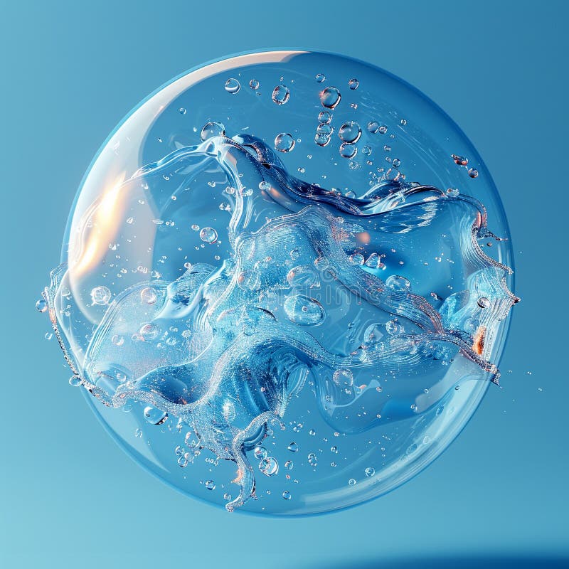 Floating Sphere Filled with Shimmering Water and Bubbles in Blue Stock ...