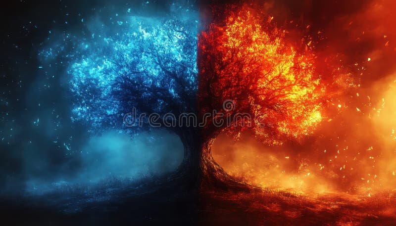 A Captivating Split Tree Symbolizing Fire and Ice in a Surreal ...