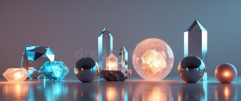 Geometric Still Life with Crystals and Spheres, Reflective Surface and ...