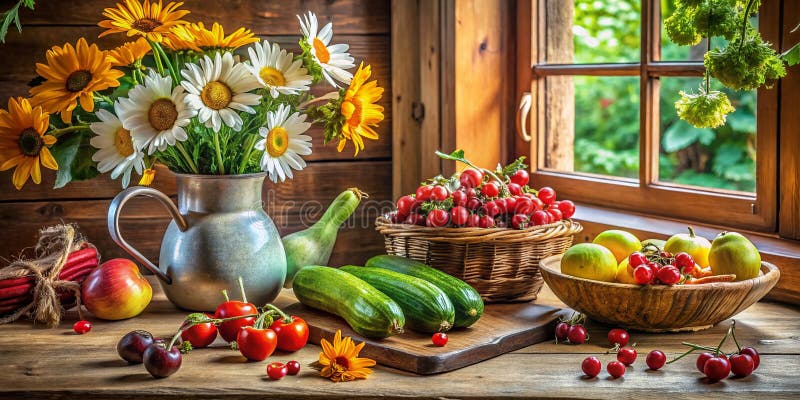 A Rustic Kitchen Still Life Fresh Cherries Daisies and Zucchini ...
