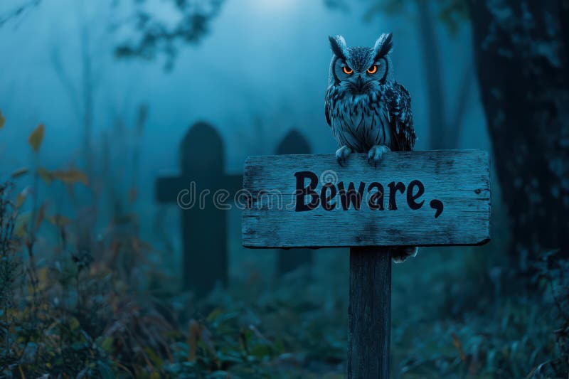 Spooky Owl Beware Sign Foggy Graveyard - Halloween Themed Wildlife ...