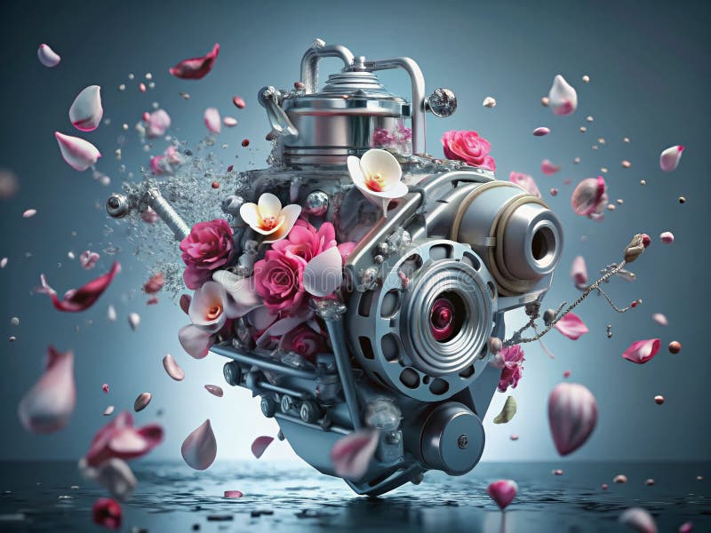 Abstract Industrial Engine Design with 3D Floating Objects and Water ...