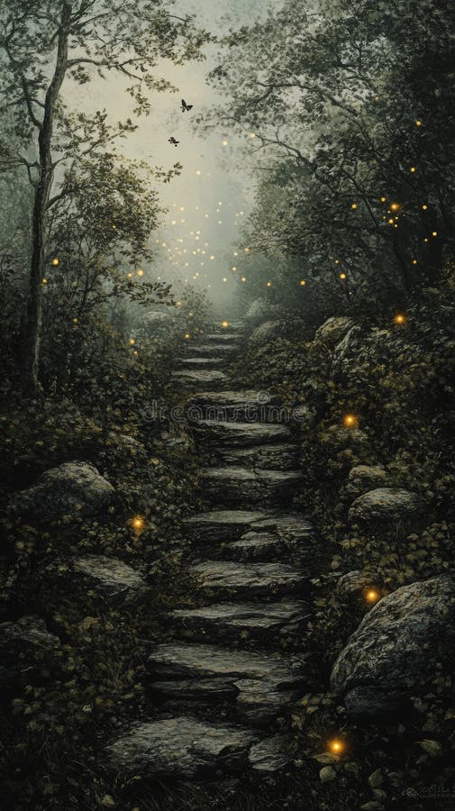 Captivating Stone Steps Illuminated by a Forest of Fireflies Stock ...