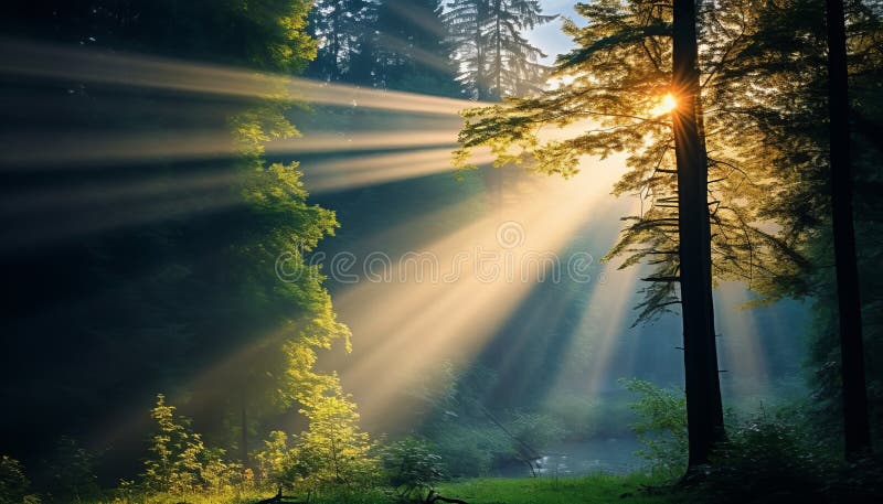 Captivating Sunbeams Filtering through a Mystical Misty Forest with ...