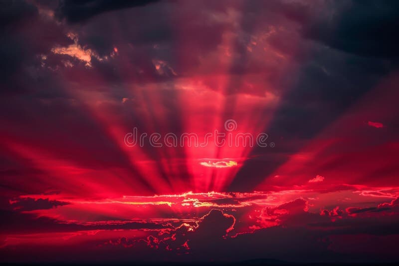 A Captivating Sunset with Glowing Red Light Rays Piercing through Dark ...