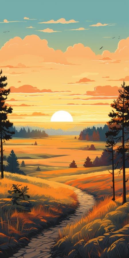 Modern Prairie Landscape Illustration with Forest and Dunes in Colorful ...
