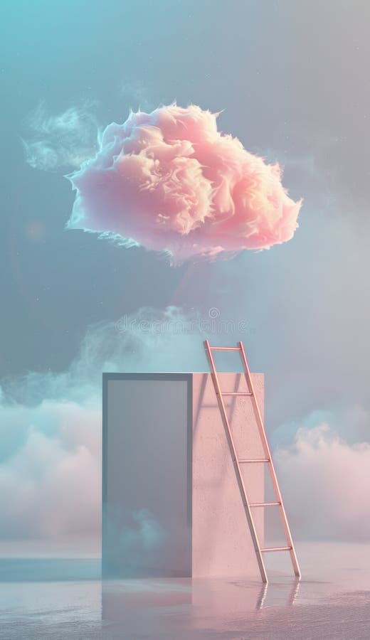 Surreal Pink Cloud Floating Above Empty Cube with Ladder in Dreamlike ...