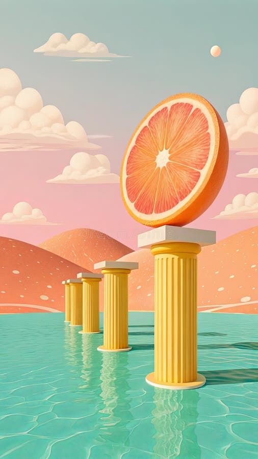 Surreal Orange Slice on Columns Over Water Against a Dreamy Pastel ...