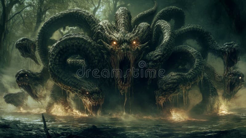Terrifying Hydra Rearing Up from Dark Waters Stock Illustration ...