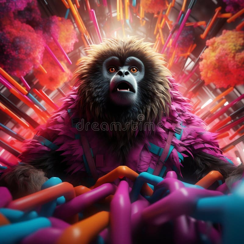 A Captivating Top-down Shot of a Gibbon Surrounded by Synthwave Colors ...