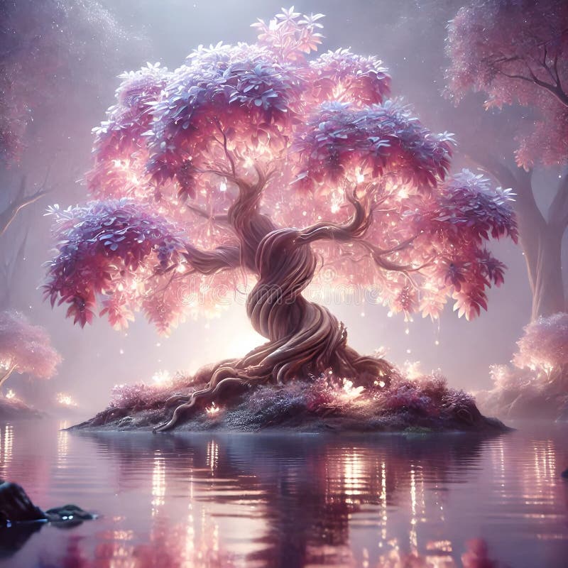 A Captivating Tree Adorned with Twinkling Pink Lights, Set in a Misty ...