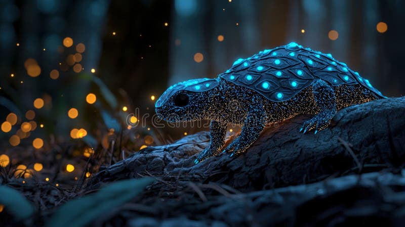 A Captivating Turtle Illuminated with Glowing Blue Patterns Set Against ...