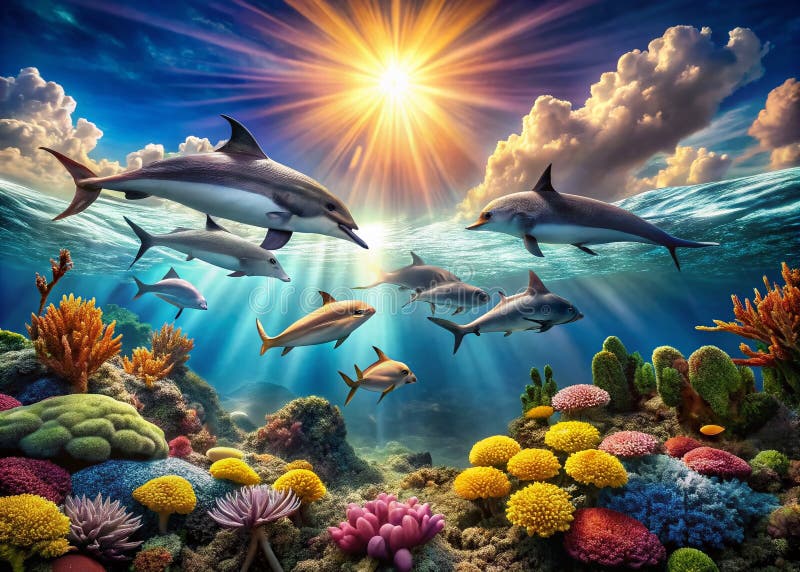 A Captivating Underwater Panorama Tiny Dolphins Sparkling Fish and a ...