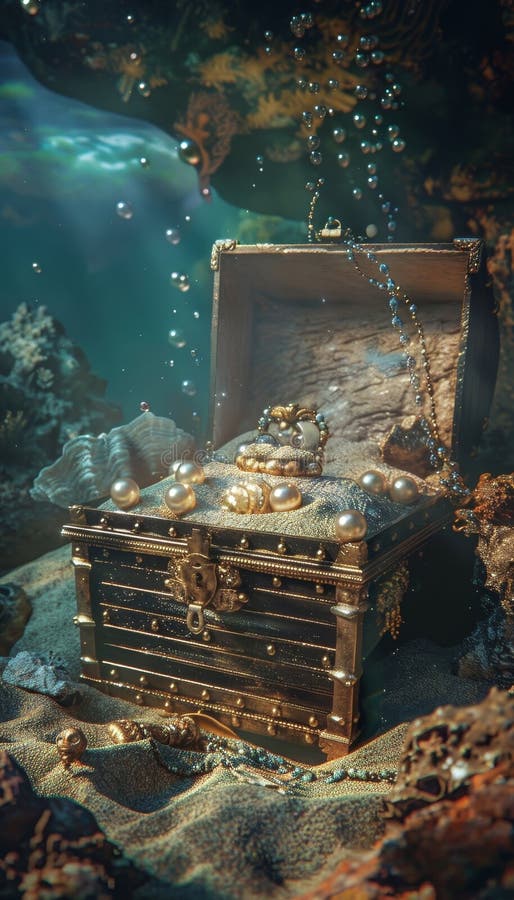 Captivating Underwater Scene Featuring a Treasure Chest Buried in Sand ...
