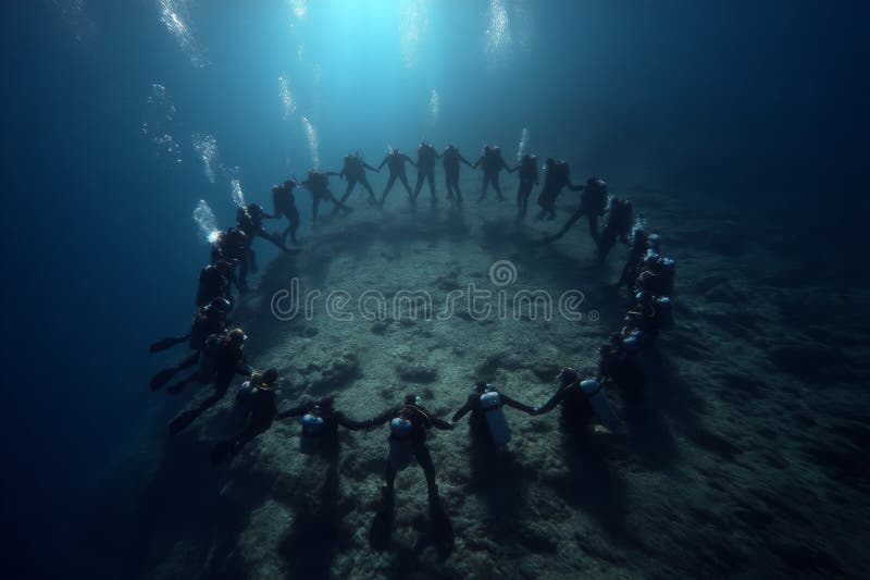 In a Captivating Underwater Setting, a Group of Divers Holds Hands in a ...