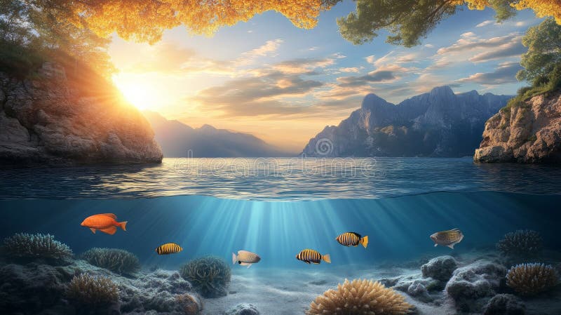 Captivating Underwater Split View with Vibrant Fish and Serene Sunny ...