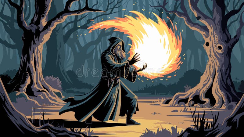 Magical Wizard Casting Fire Spell in Enchanted Forest Illustration Stock Illustration ...