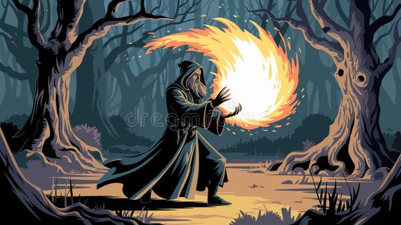Magical Wizard Casting Fire Spell in Enchanted Forest Illustration ...