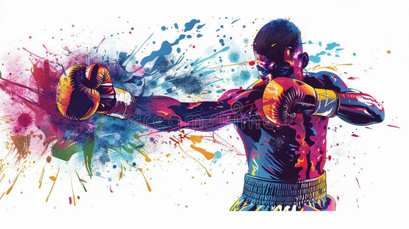Dynamic Boxer Throwing Punch with Vibrant Color Splash Action Stock ...