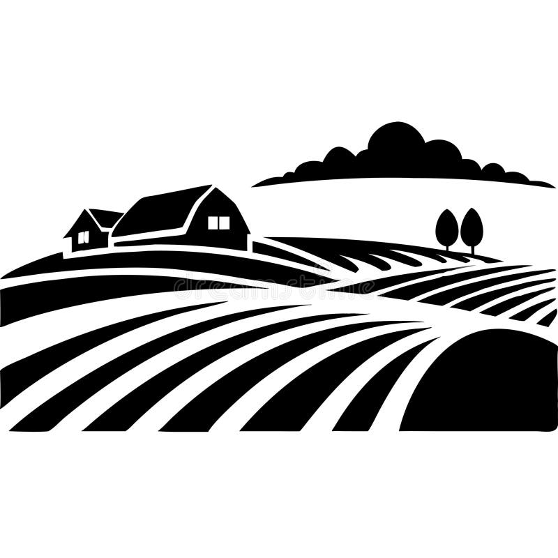 Rustic Farm Silhouette Landscape Vector with Fields and Barn Stock ...
