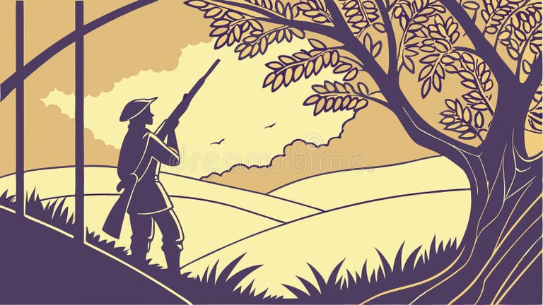 Hunter in Fields at Sunset Rural Landscape Vector Illustration, Vector ...