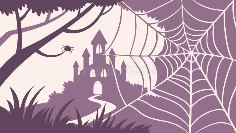 Mystical Castle with Spider Web, Spooky Night, Fantasy World, Vector ...