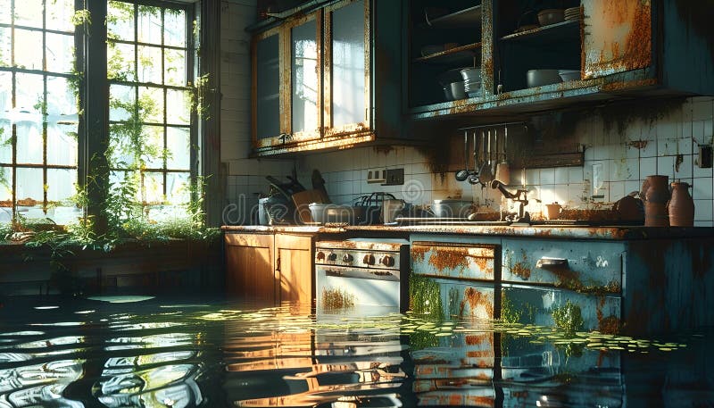 Abandoned Kitchen with Water and Overgrown Plants Stock Illustration ...