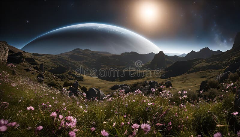 Alien Landscape with a Distant Planet Stock Illustration - Illustration ...