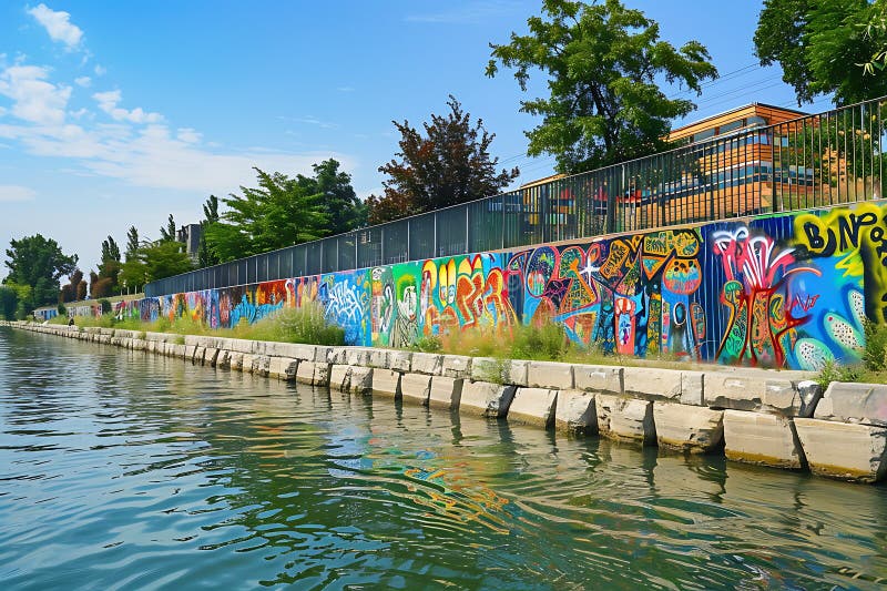 Vibrant Graffiti Art Adorns Canalside Wall in Urban Setting Stock ...