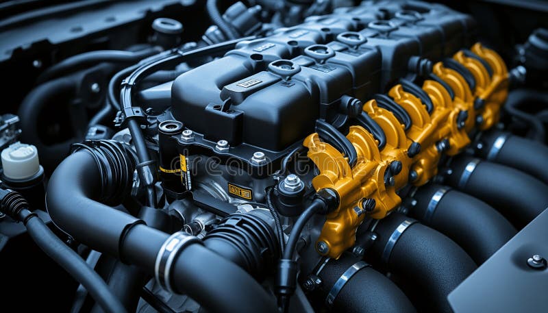 Sleek Car Engine with Selective Yellow Coloring Stock Image - Image of ...