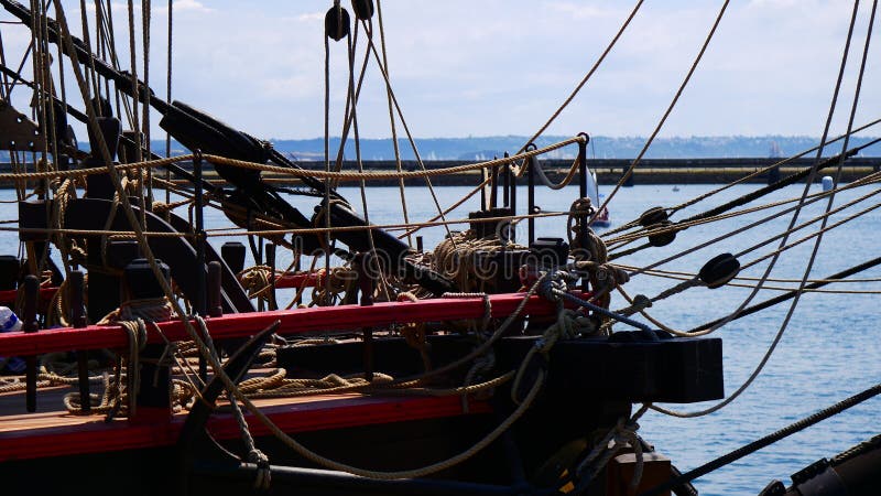 On the Deck of a Large Sailing Ship, with Maritime Ropes and ...