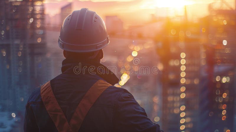 Captivating View of an Engineer S Back Standing and Observing City and ...