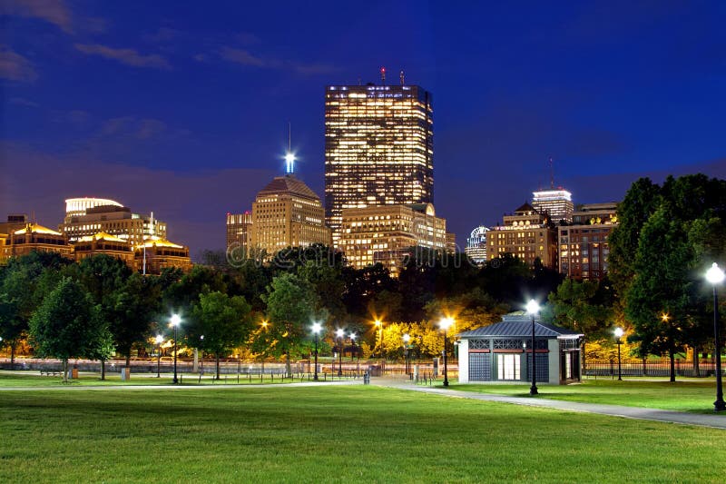 Boston Skyline at Night from Boston Common Stock Photo - Image of ...
