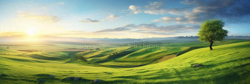Captivating View of Lush Green Fields Under a Serene Blue Sky with ...