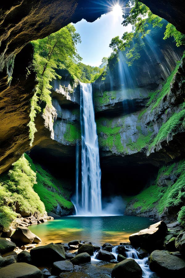 Captivating View of a Mesmerizing Waterfall from the Heart of a Rock ...