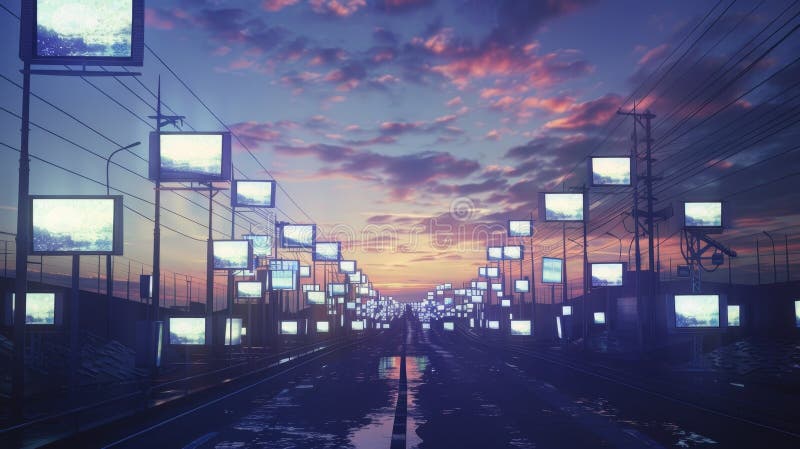 A Captivating View of a Road Lined with Holographic Screens Pointing ...